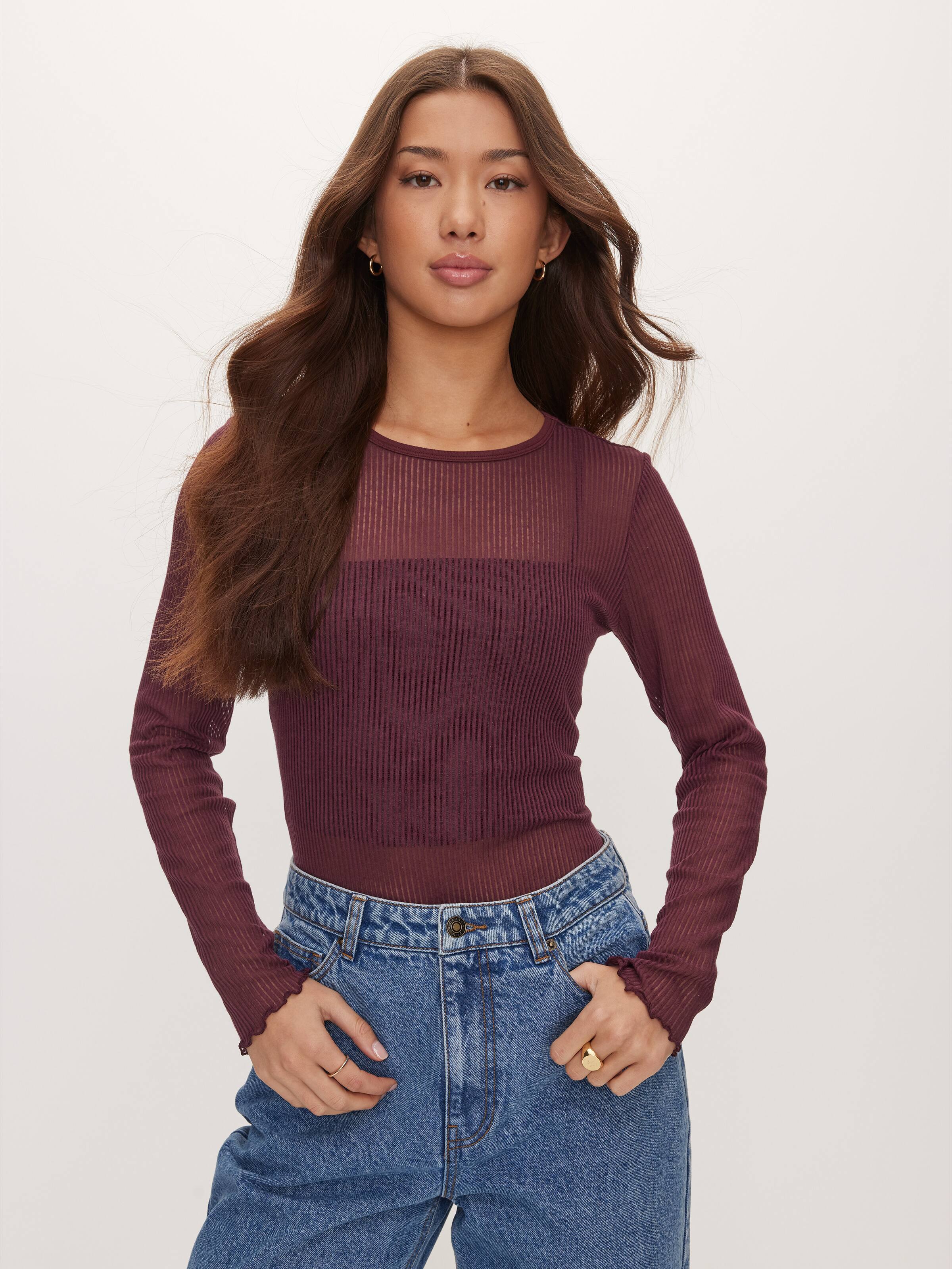 Long Sleeve Sheer Tee Grenache - Dotti Online