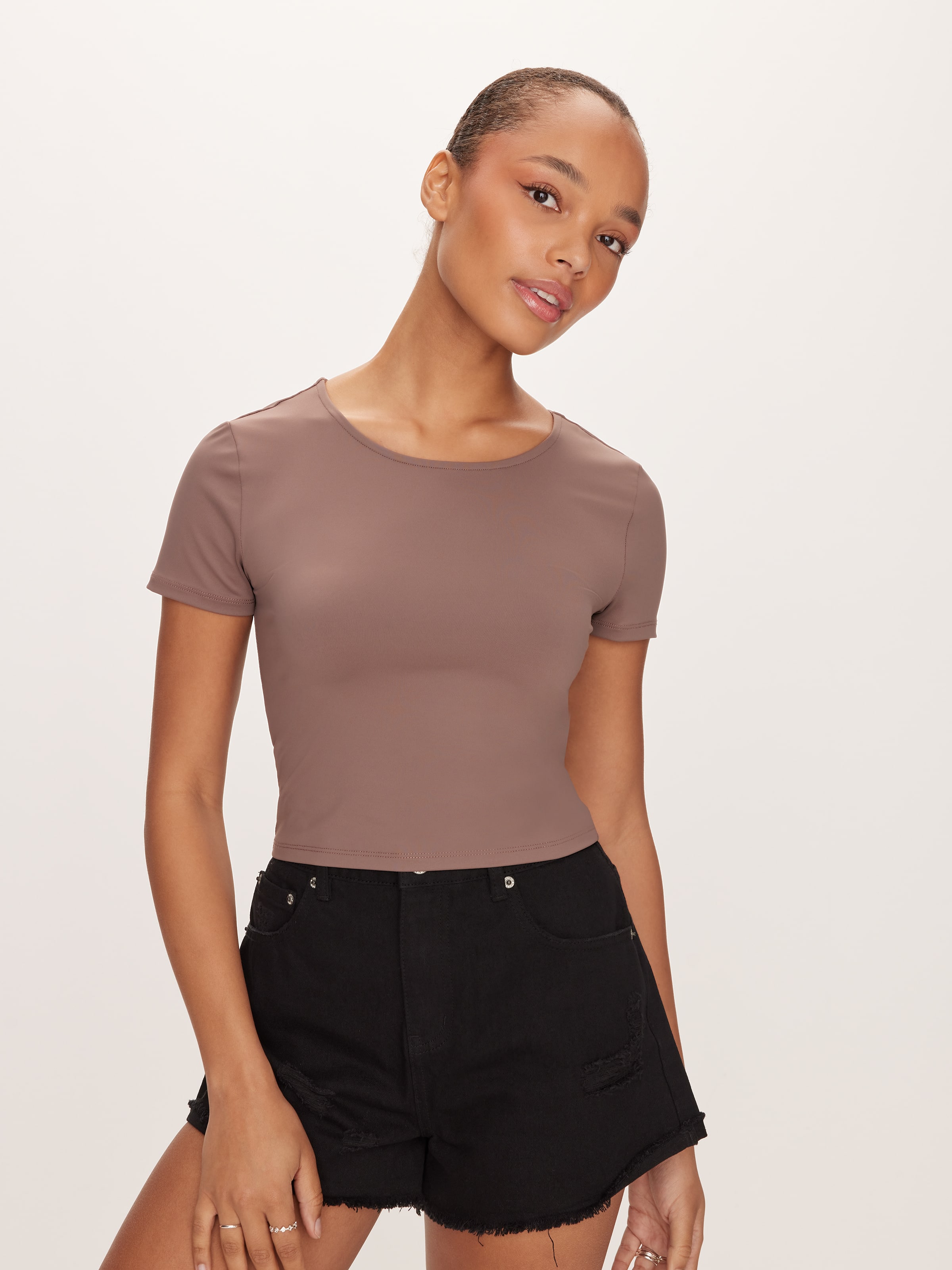 Super Soft V-Neck Crop Tee Chestnut - Dotti Online