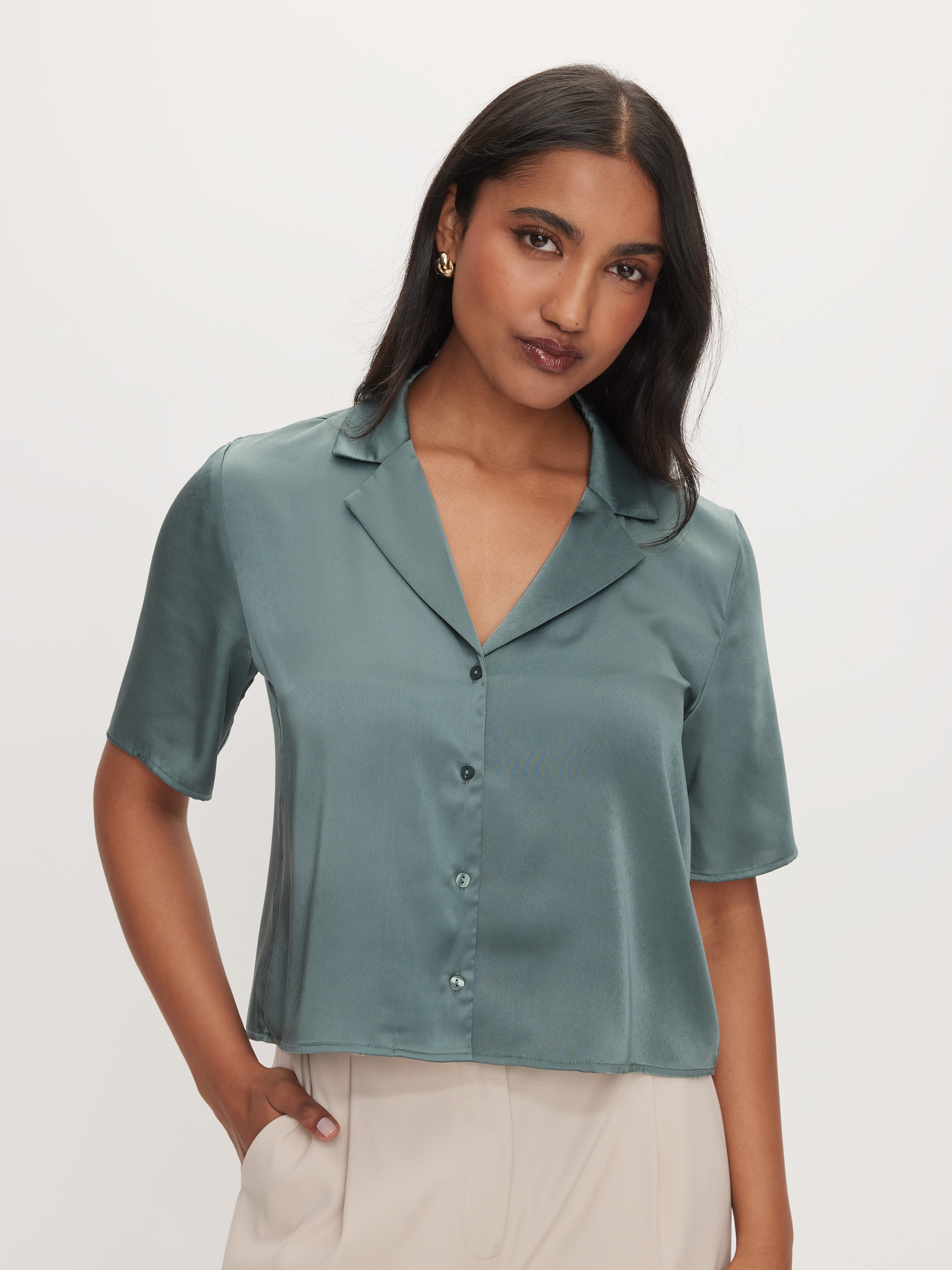 Aria Satin Shirt Dusty Green - Dotti Online
