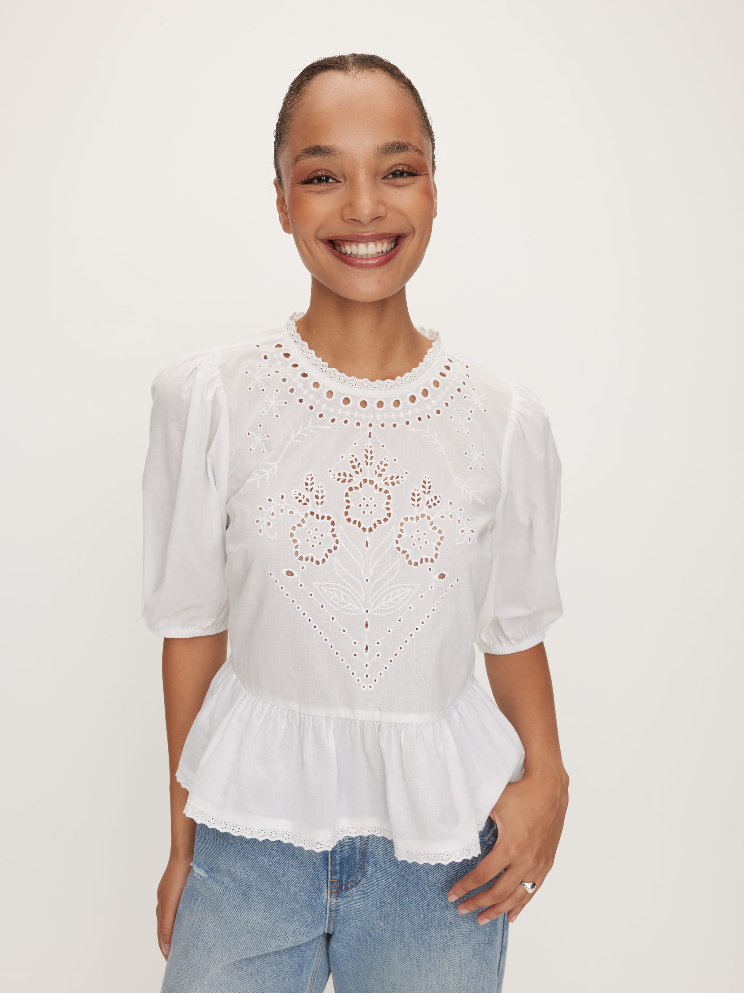 Romy Broderie Frill Hem Top White - Dotti Online