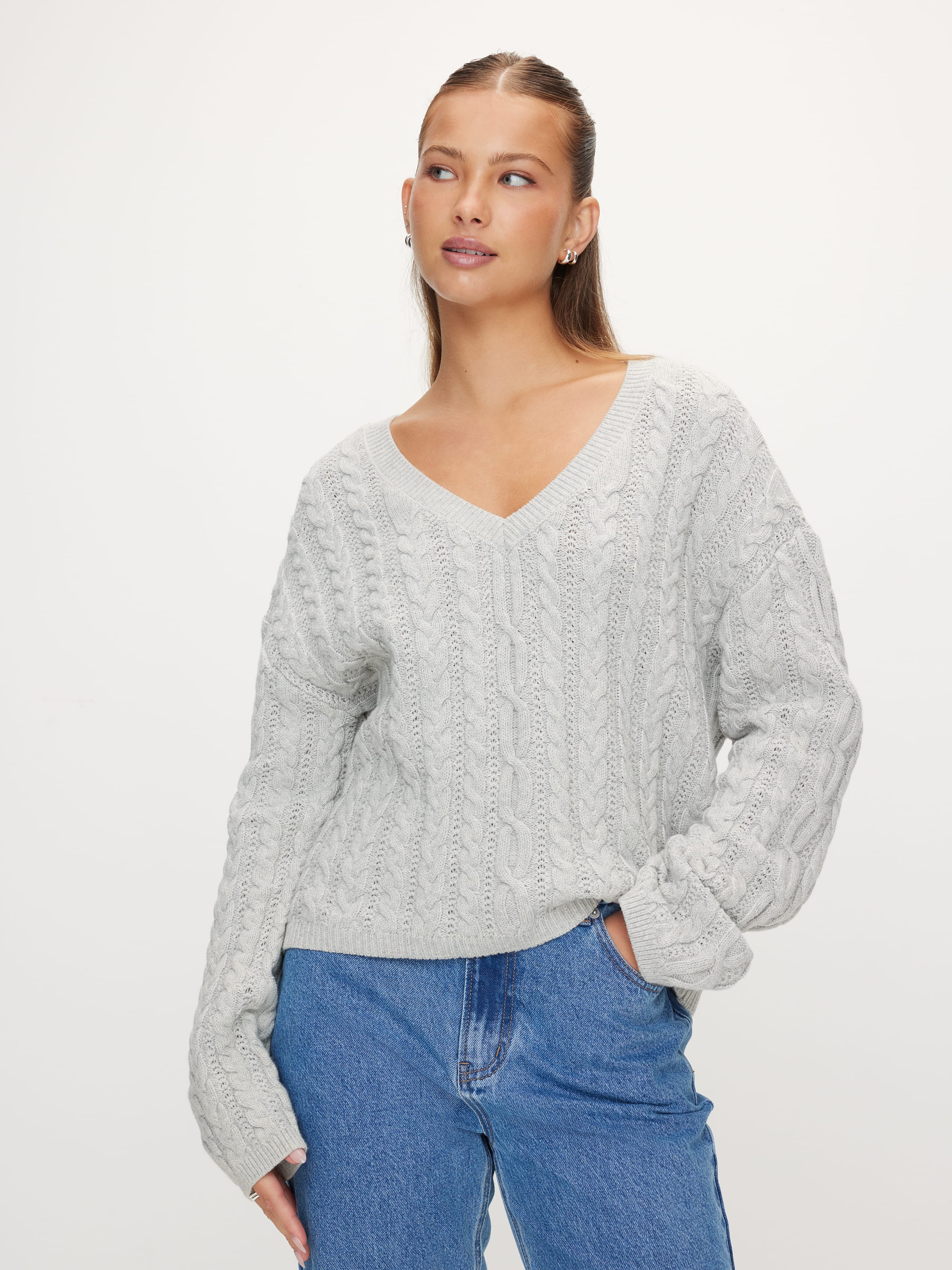 Alba V-Neck Cable Long Sleeve Knit Light Grey Marle - Dotti Online
