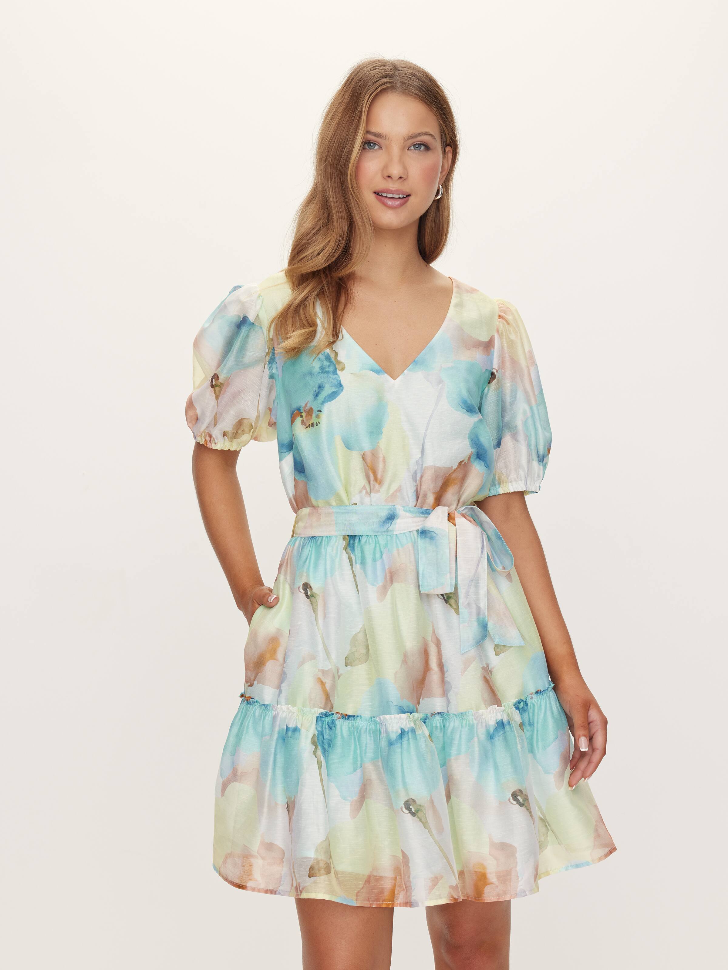 Trust Mini Dress Watercolour Teal Floral - Dotti Online