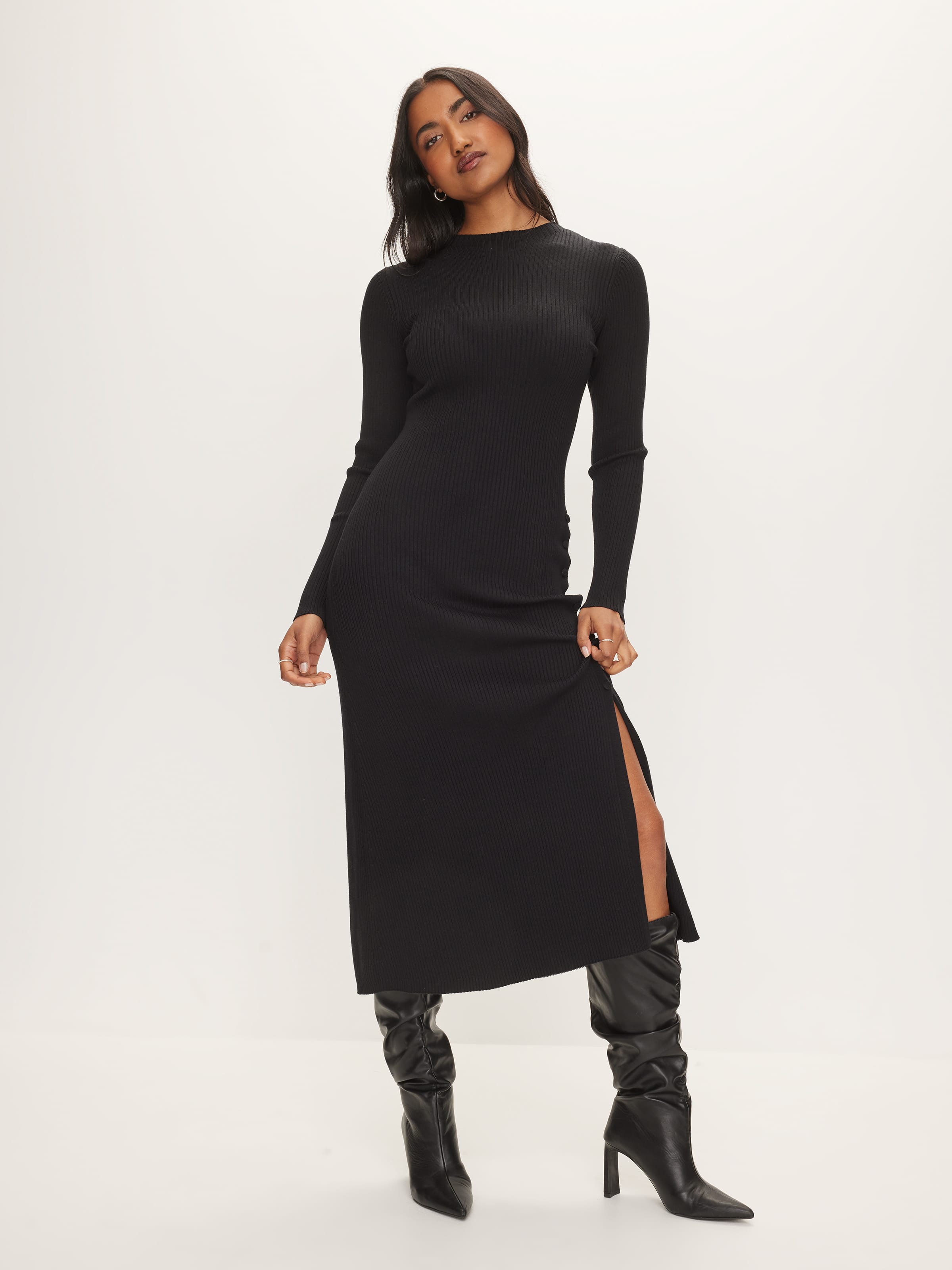 Maya Long Sleeve Knit Midi Dress Black - Dotti Online
