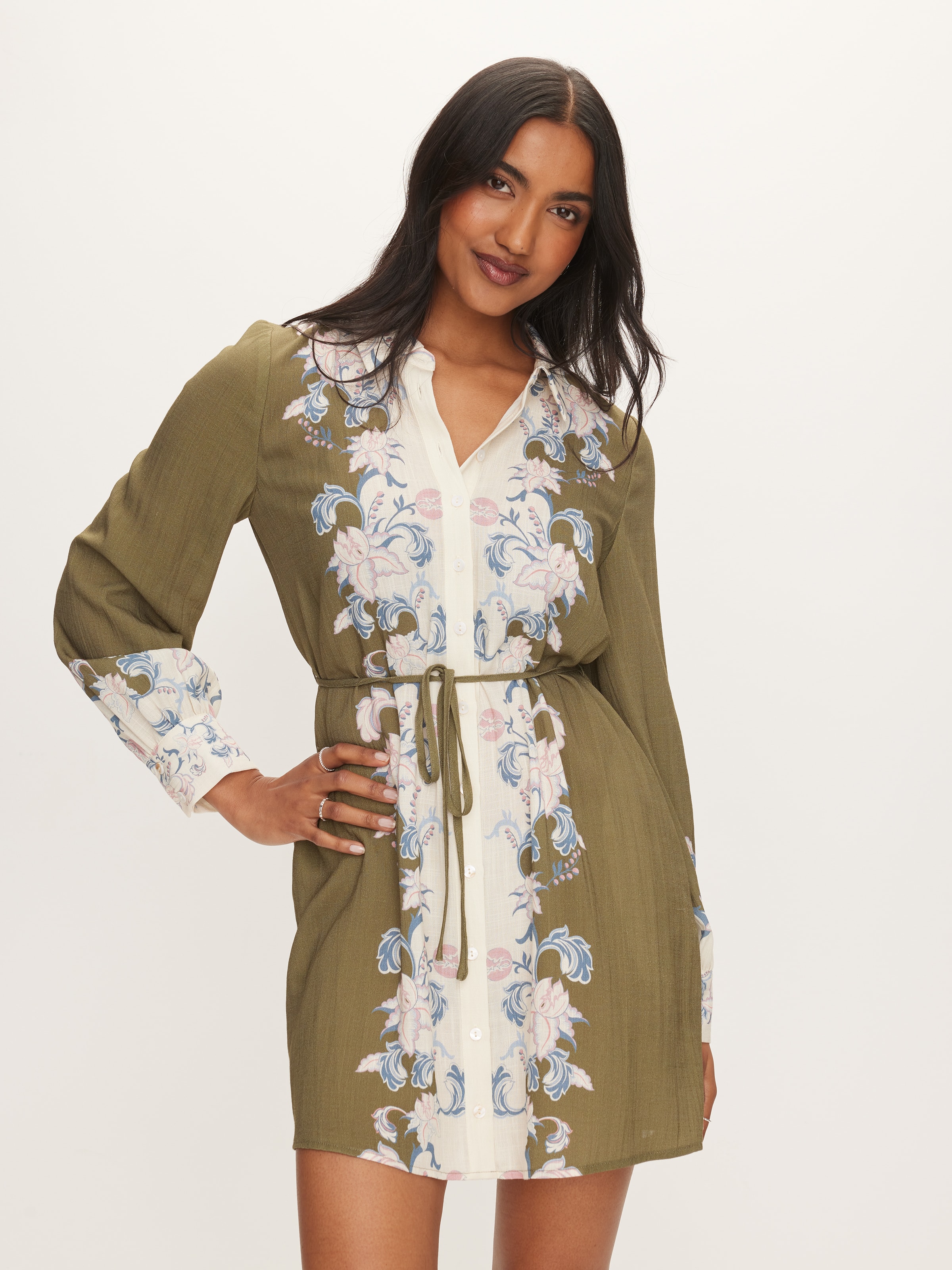 Eve Skater Long Sleeve Mini Dress Green Border Print - Dotti Online