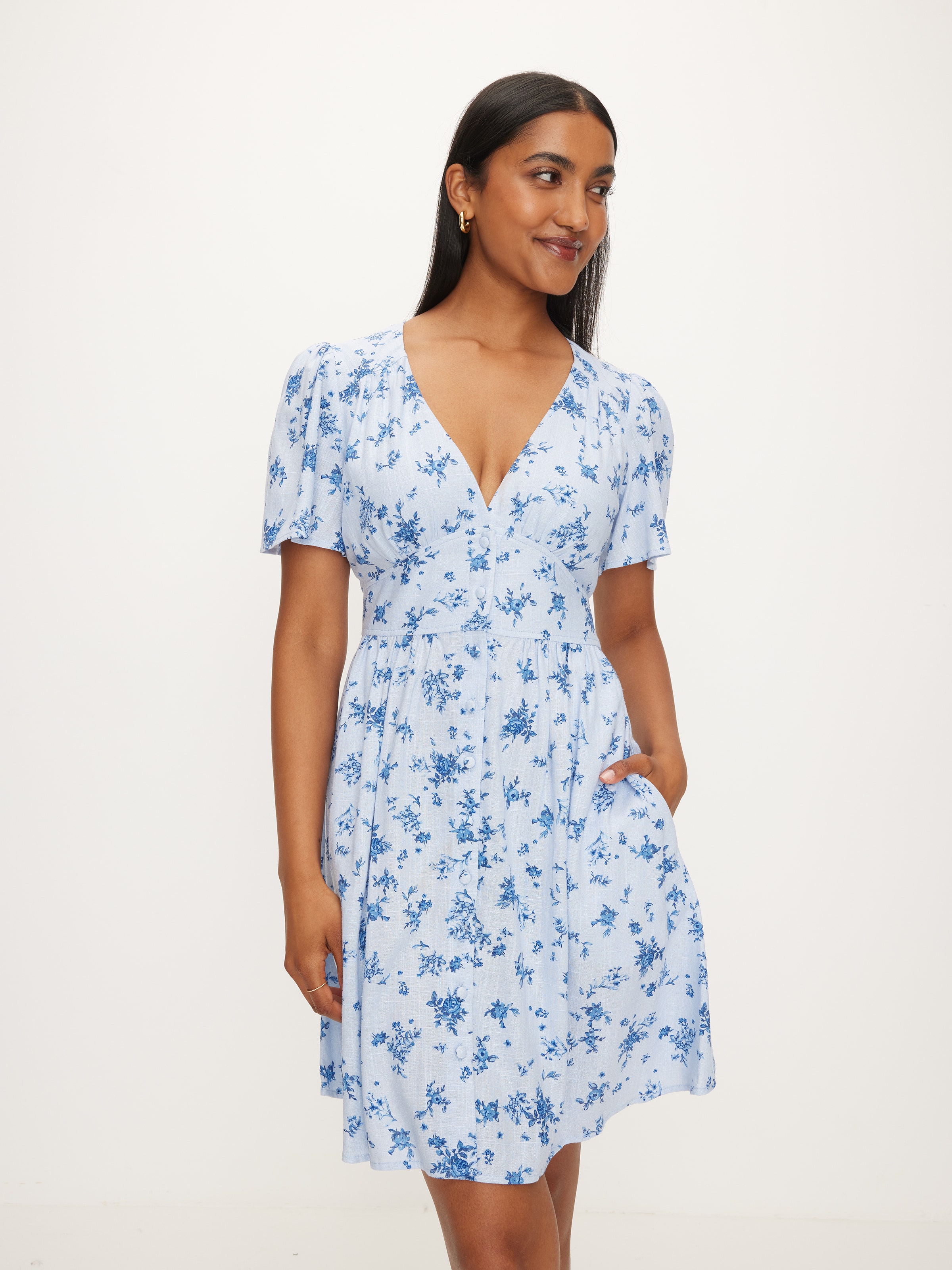 Emily Button Through Mini Dress Blue Rose Ditsy - Dotti Online