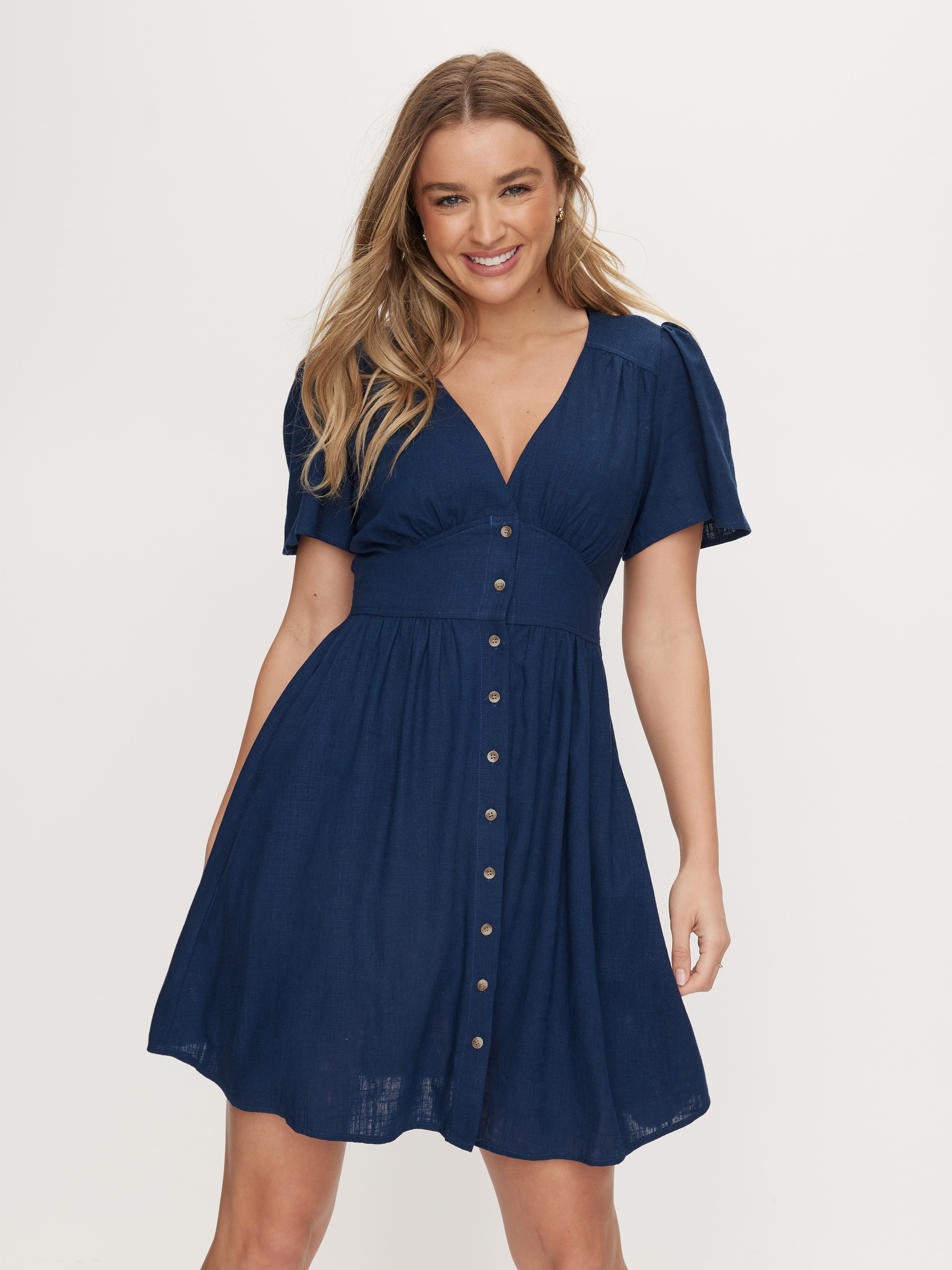 Emily Button Through Mini Dress Navy - Dotti Online