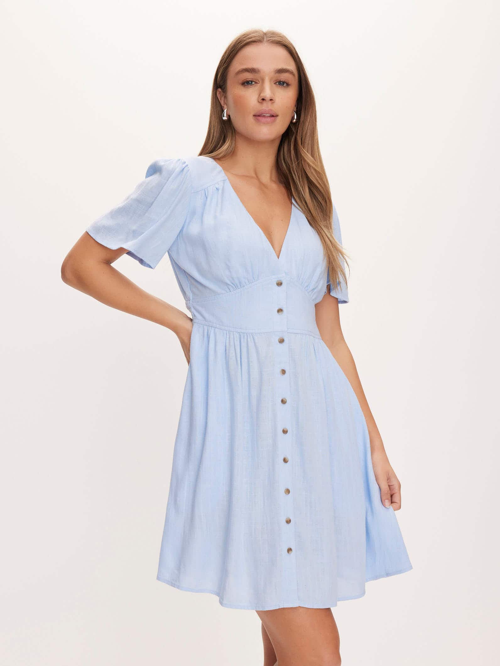 Emily Button Through Mini Dress Pale Blue - Dotti Online