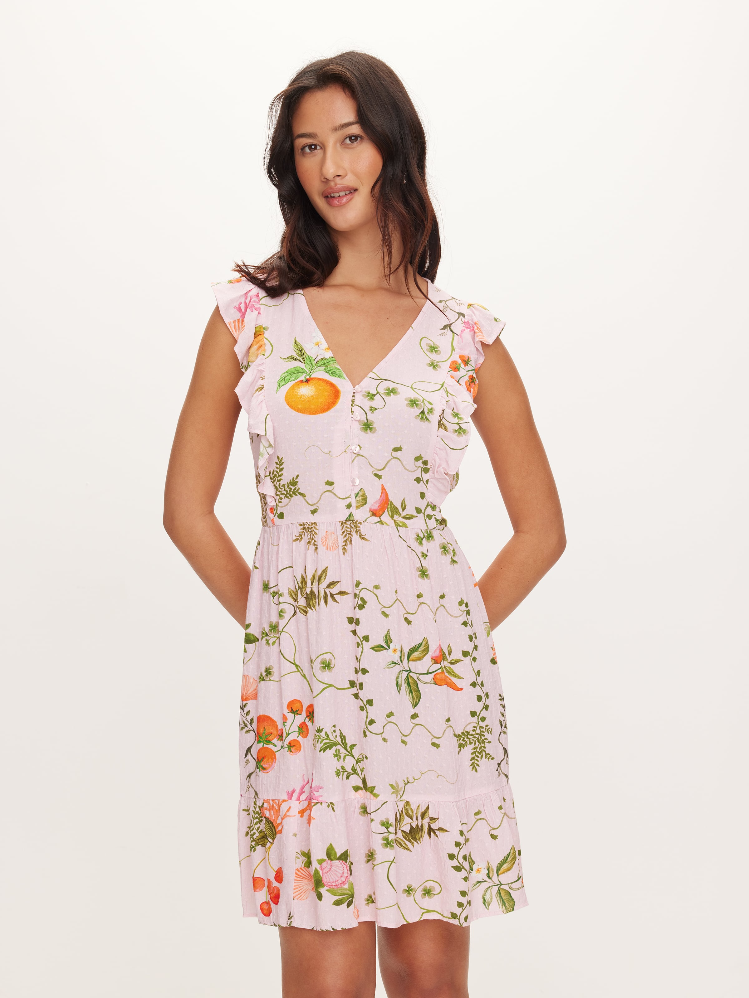 Ruby Frill Mini Dress Pink Fruit Print - Dotti Online