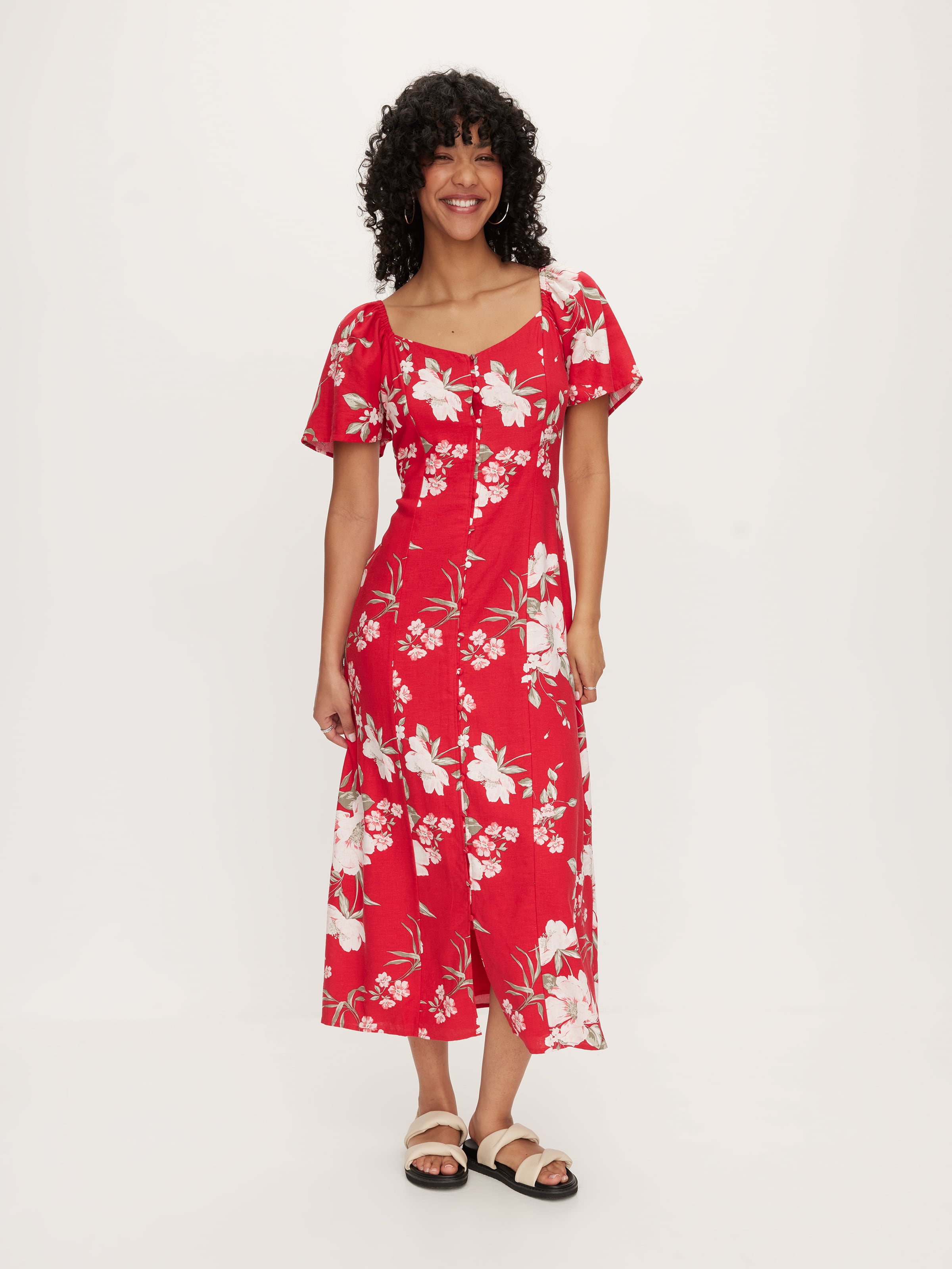 Lizzie Linen Blend Dress Red Holiday Bloom - Dotti Online