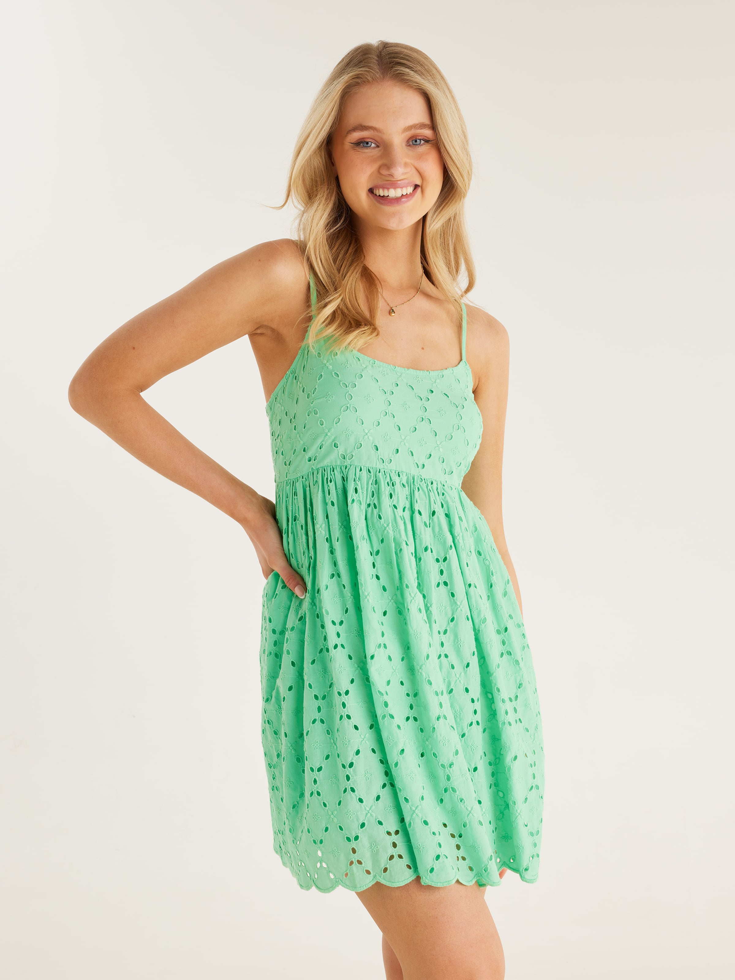 Seeker Broderie Mini Dress Green - Dotti Online