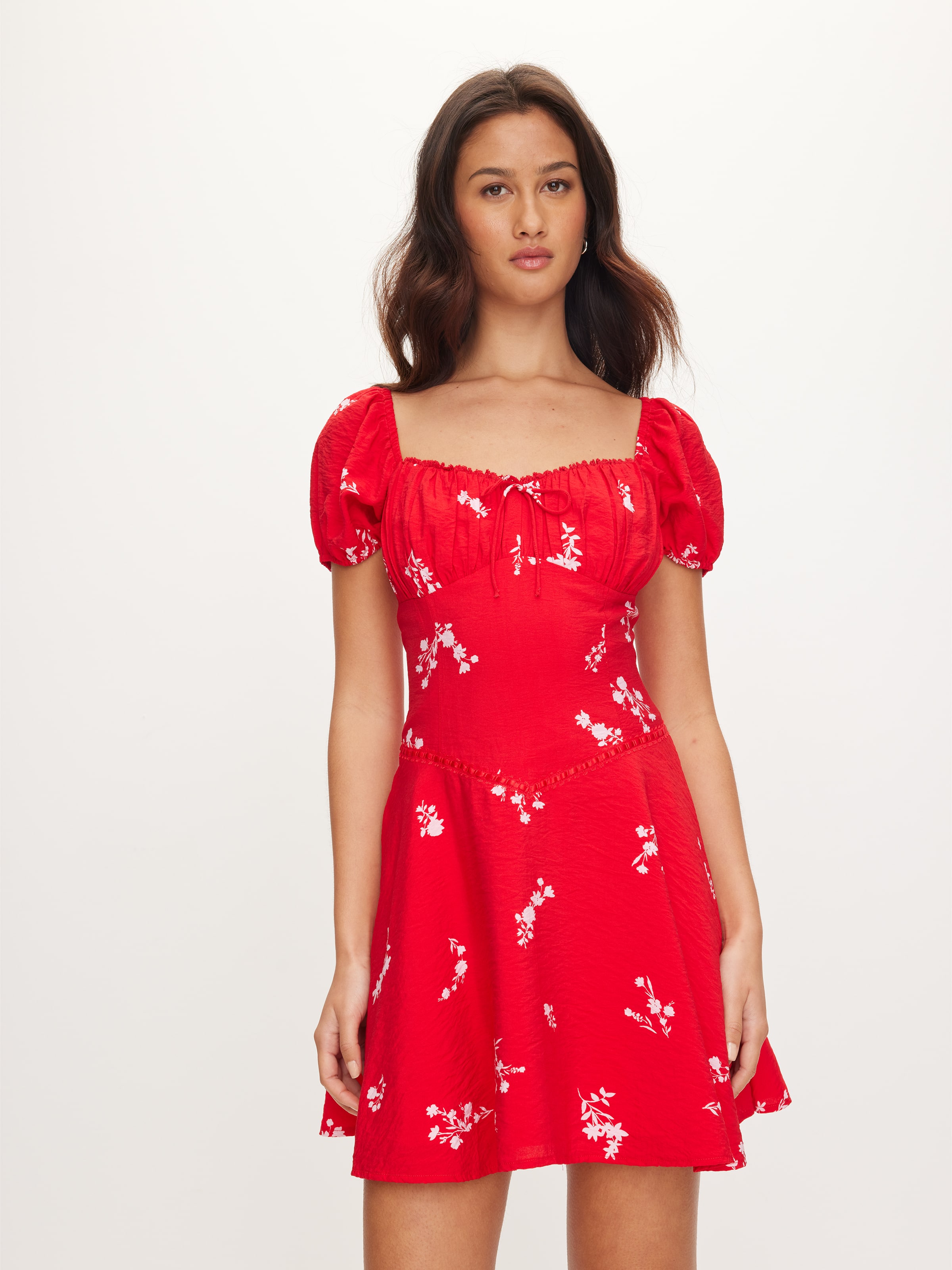 Pria Puff Sleeve Mini Dress Red Ditsy - Dotti Online