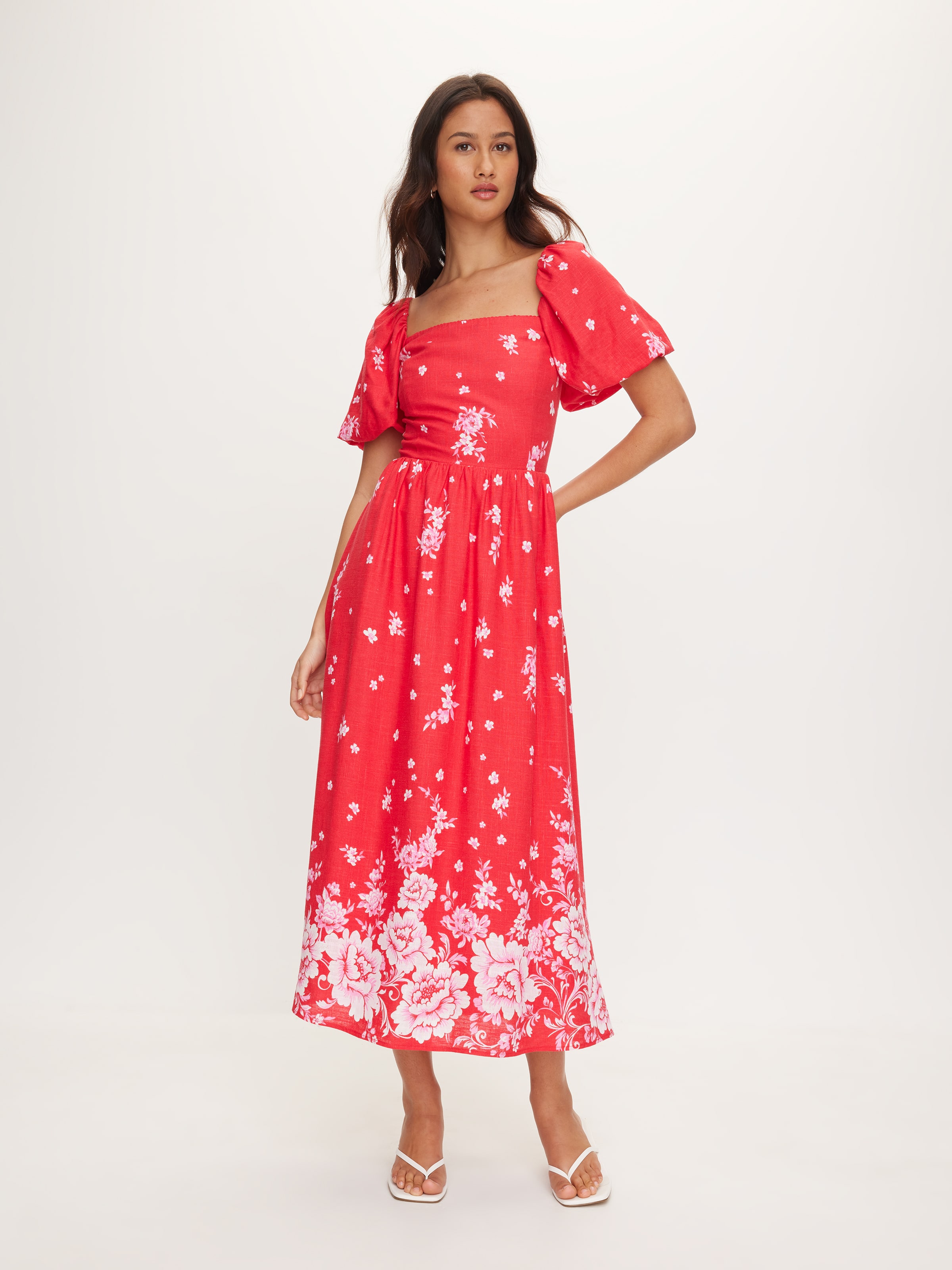 Anya Puff Sleeve Midi Dress Red Placement - Dotti Online