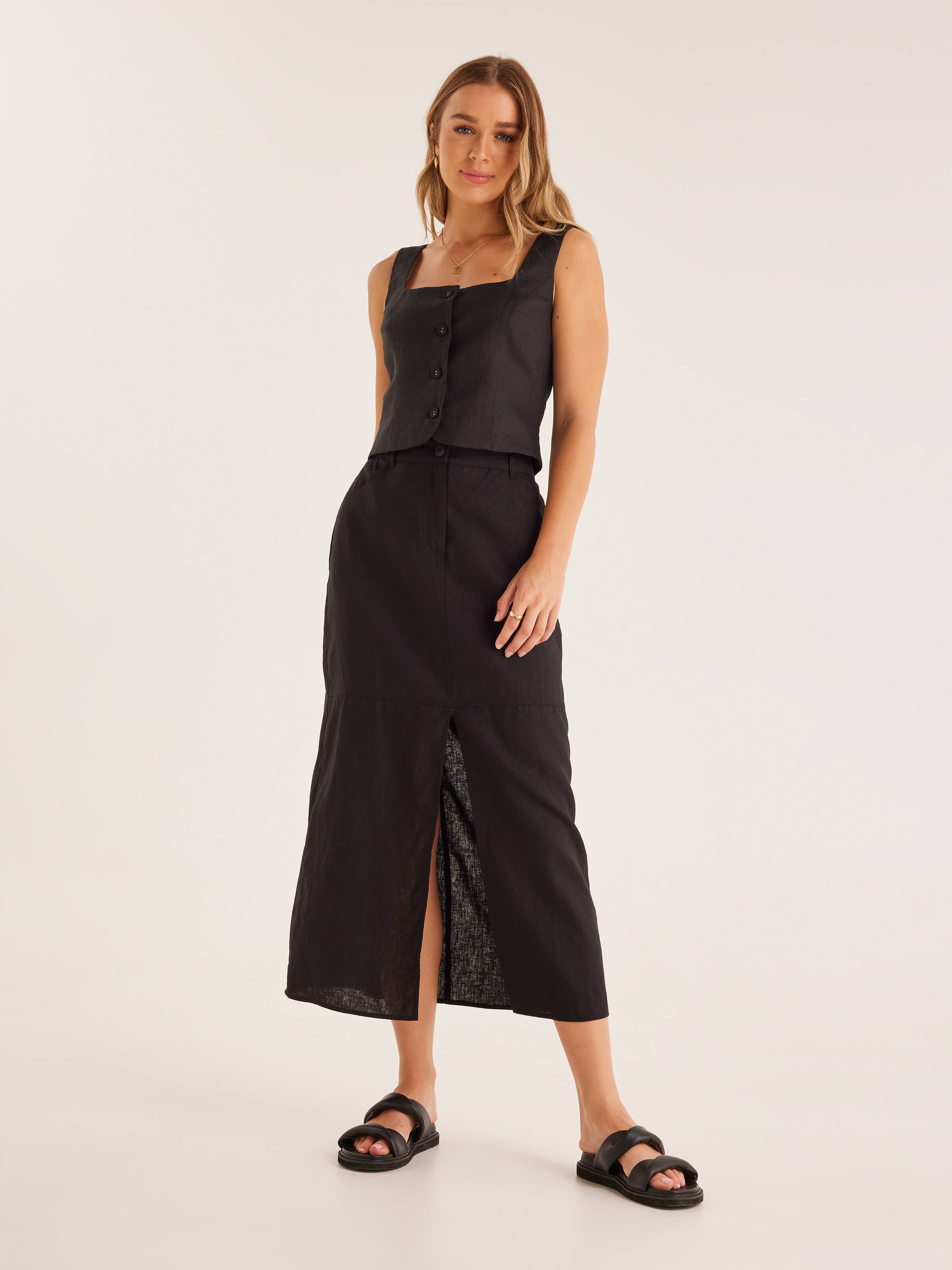 Margot Split Front Linen Blend Midi Skirt - Dotti Online