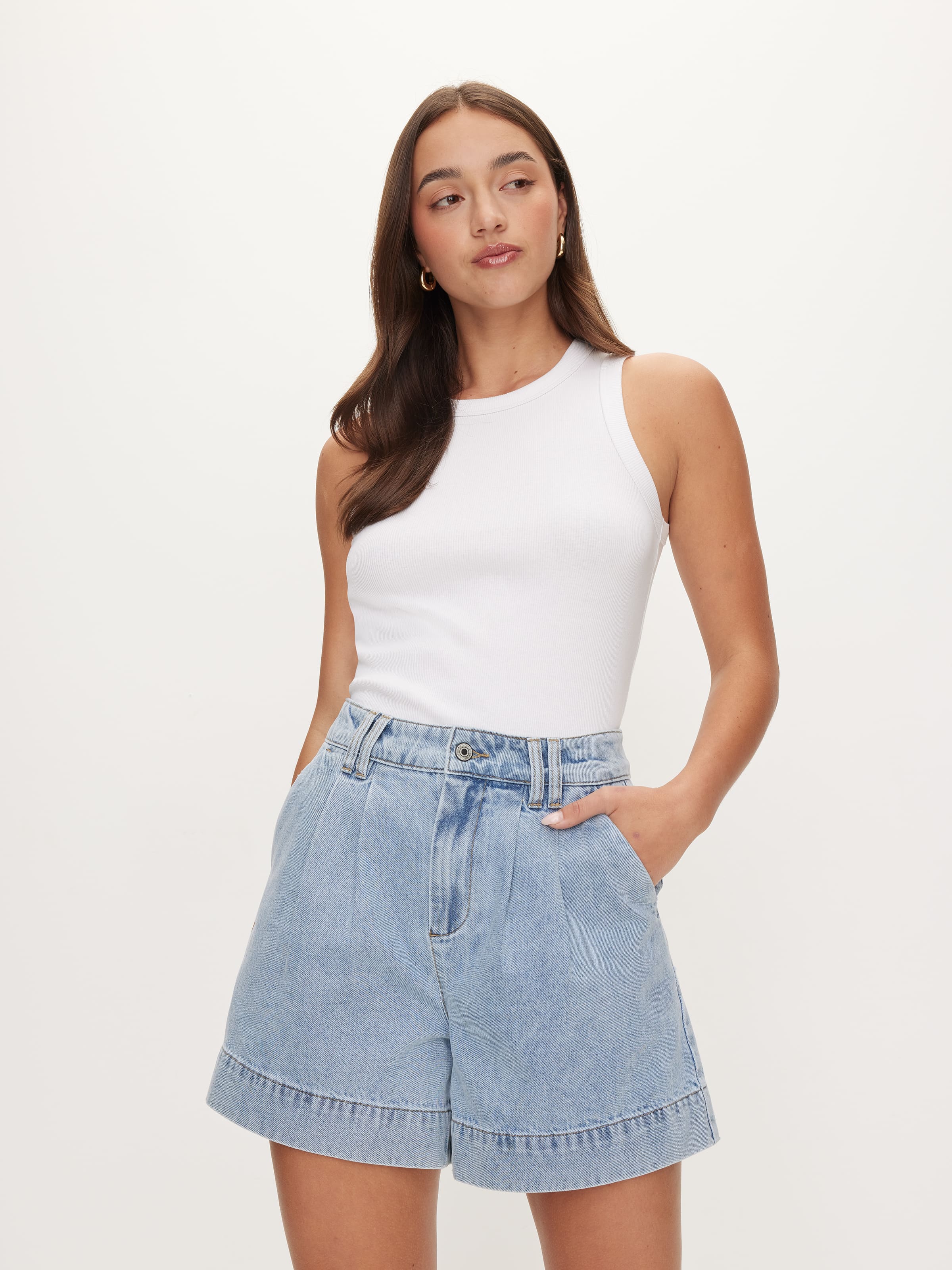Gracie Pleat Front Denim Short Bleach - Dotti Online