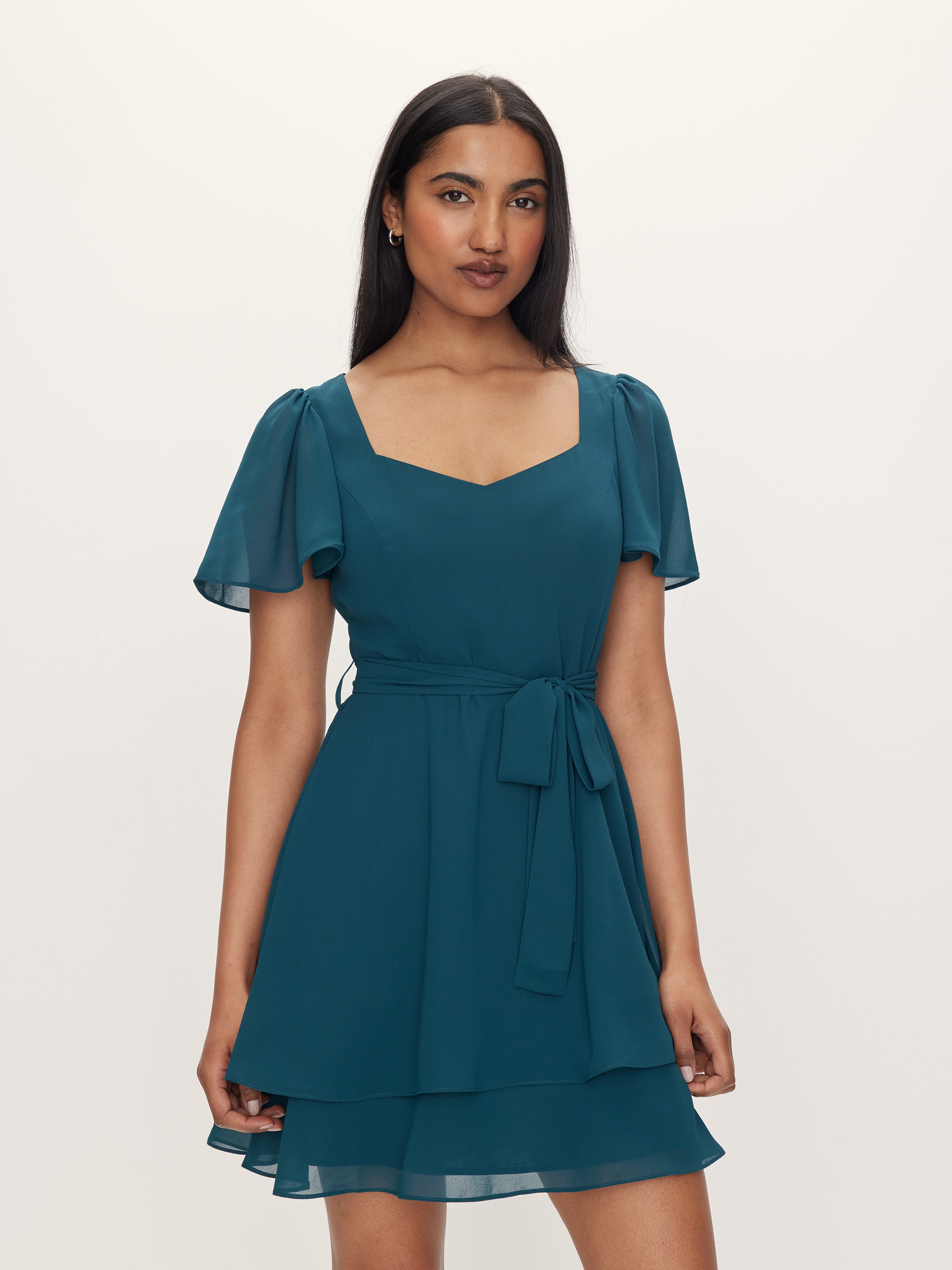 Lillian Flutter Sleeve Mini Dress Deep Teal - Dotti Online