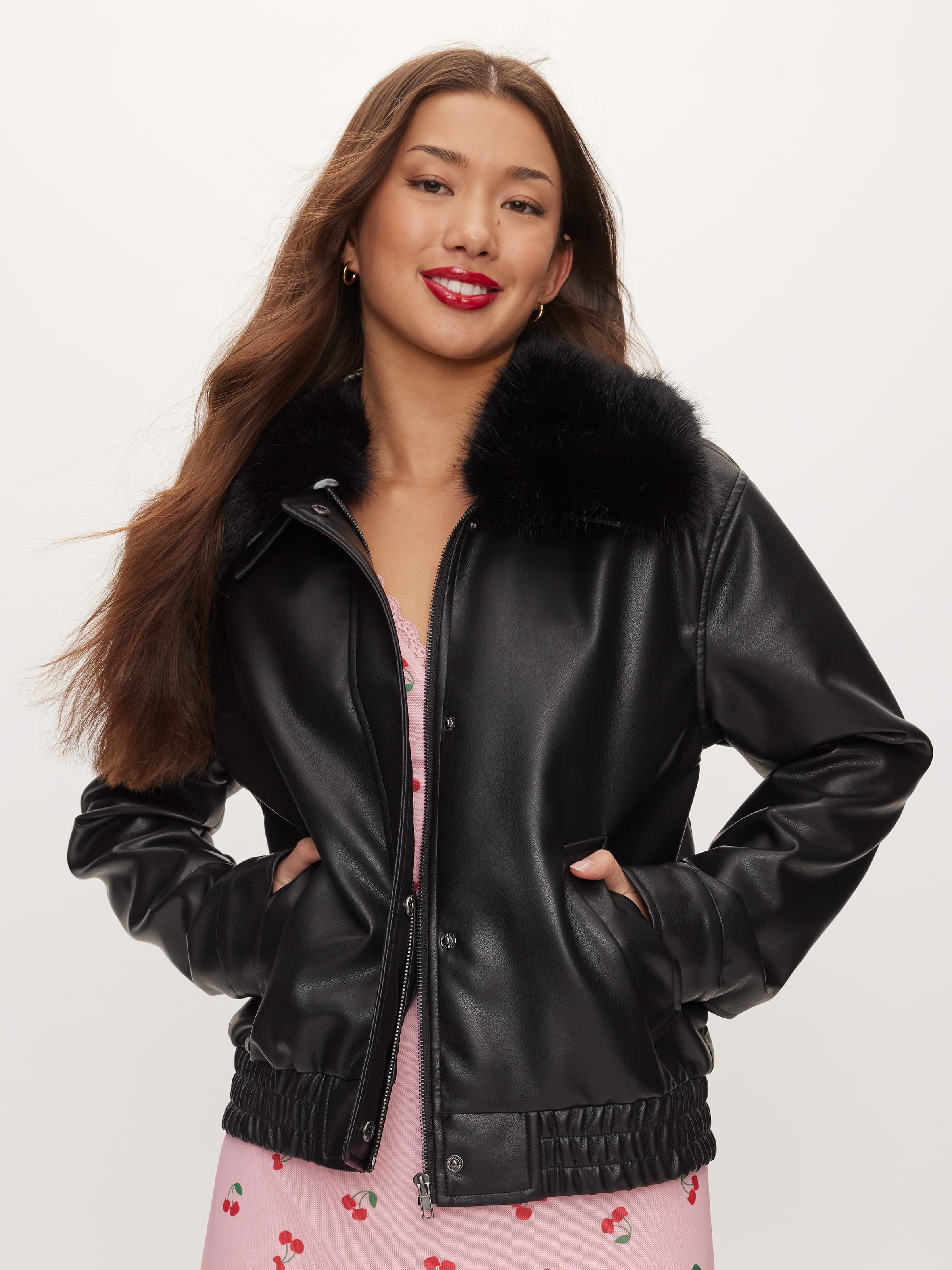 Fur Trim Faux Leather Bomber Jacket - Dotti Online